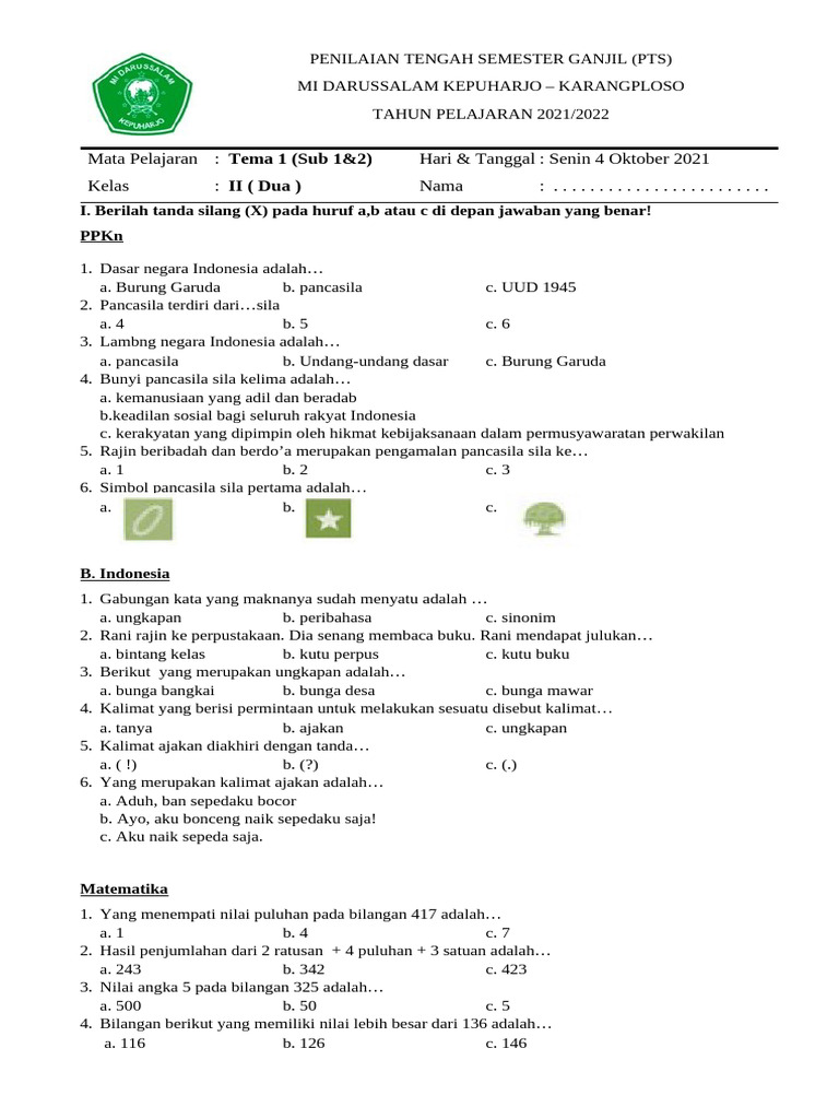 Kelas 2 (Tema 1 ST 1&2) - PTS Ganjil1920 | PDF