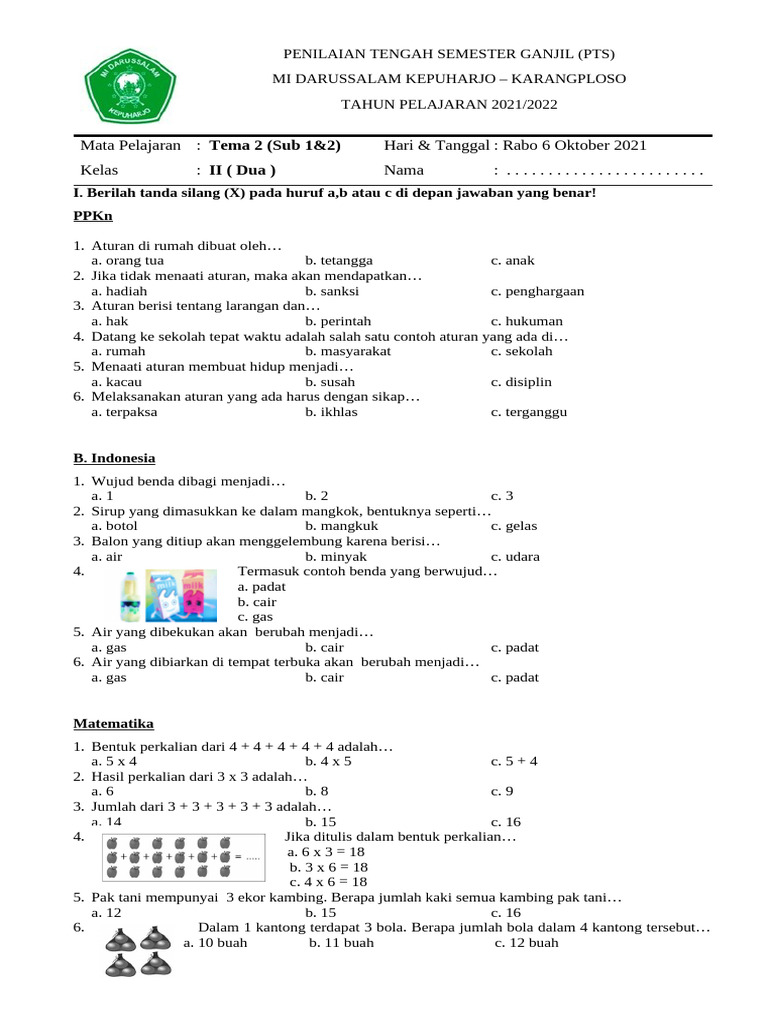 Kelas 2 (Tema 2 ST 1&2) - PTS Ganjil1920 | PDF