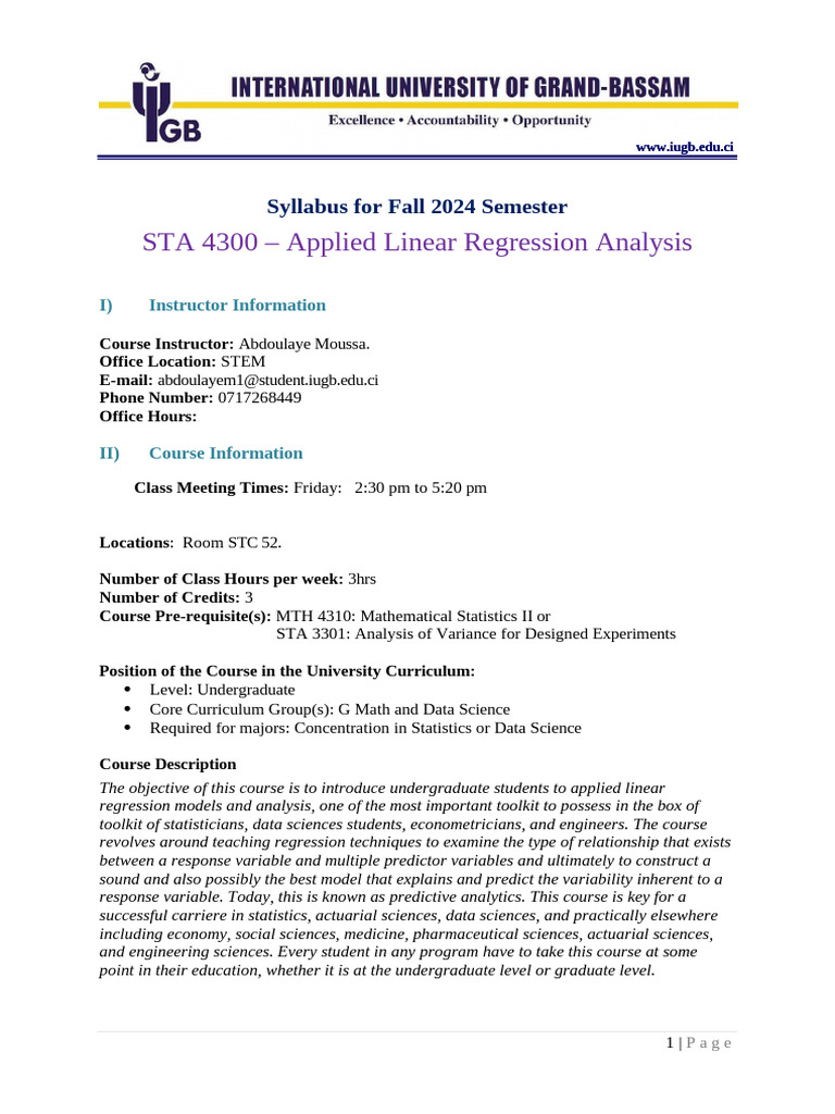 Syllabus STA 4300 Applied Linear Regression Analysis | PDF