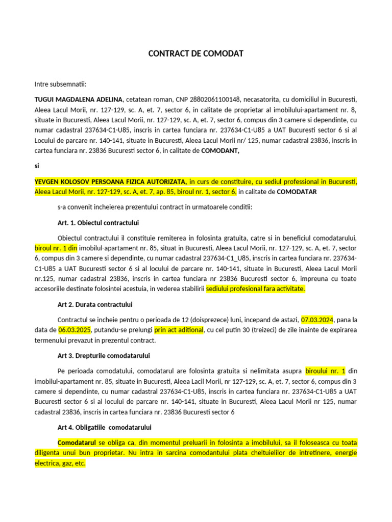 Contract de Comodat - Upd | PDF | Finanças e Administração de Capital ...