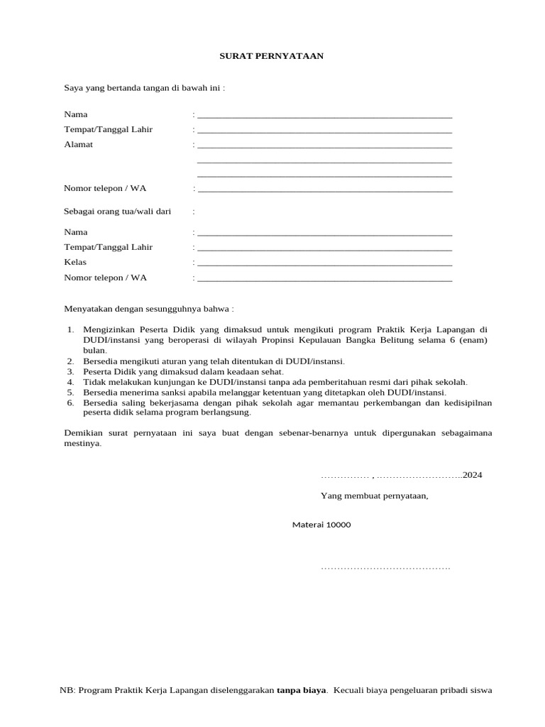 Surat pernyataan PKL | PDF