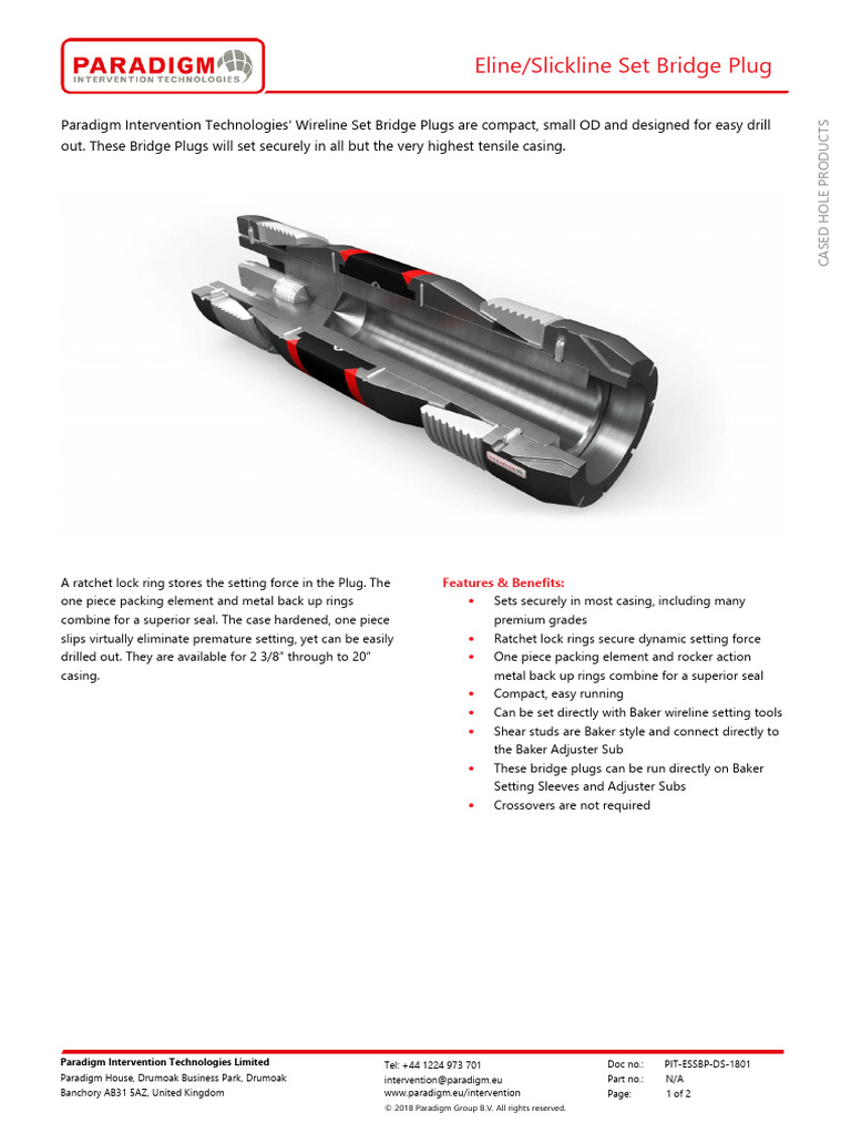PIT Datasheet Eline Slickline Set Bridge Plug | PDF