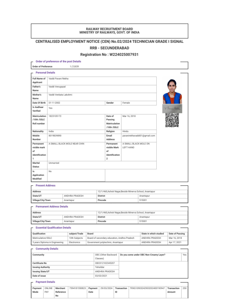 Rrb Technician Application | PDF