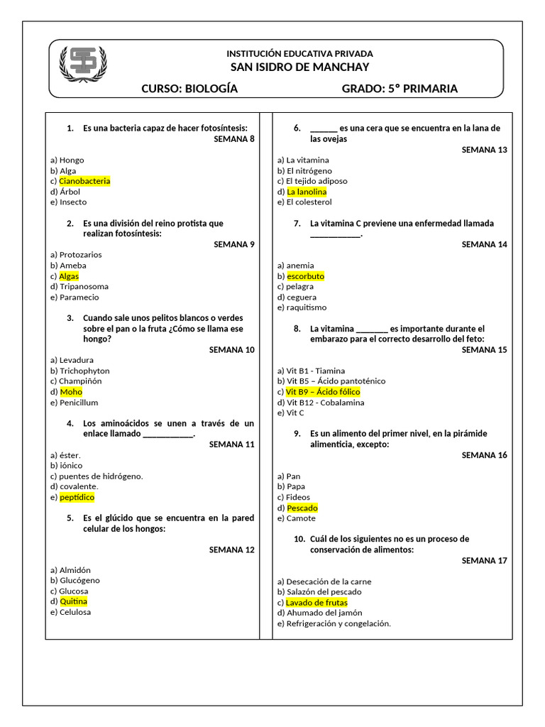 2-Simulacro 5º Trigo, Biologia y Quimica | PDF