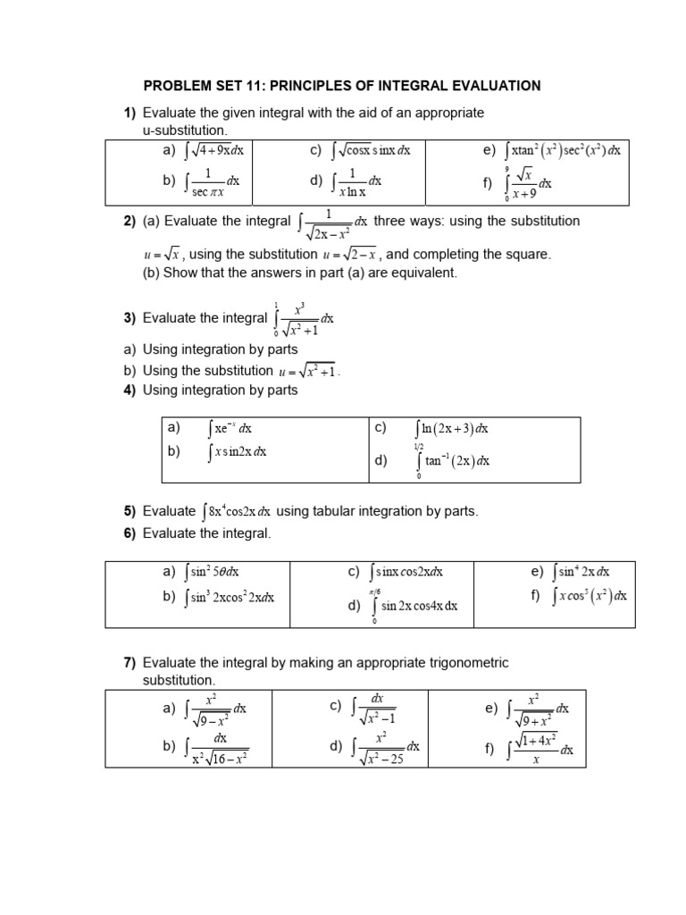 Problem Set 11 - Principles of Integral Evaluation | PDF
