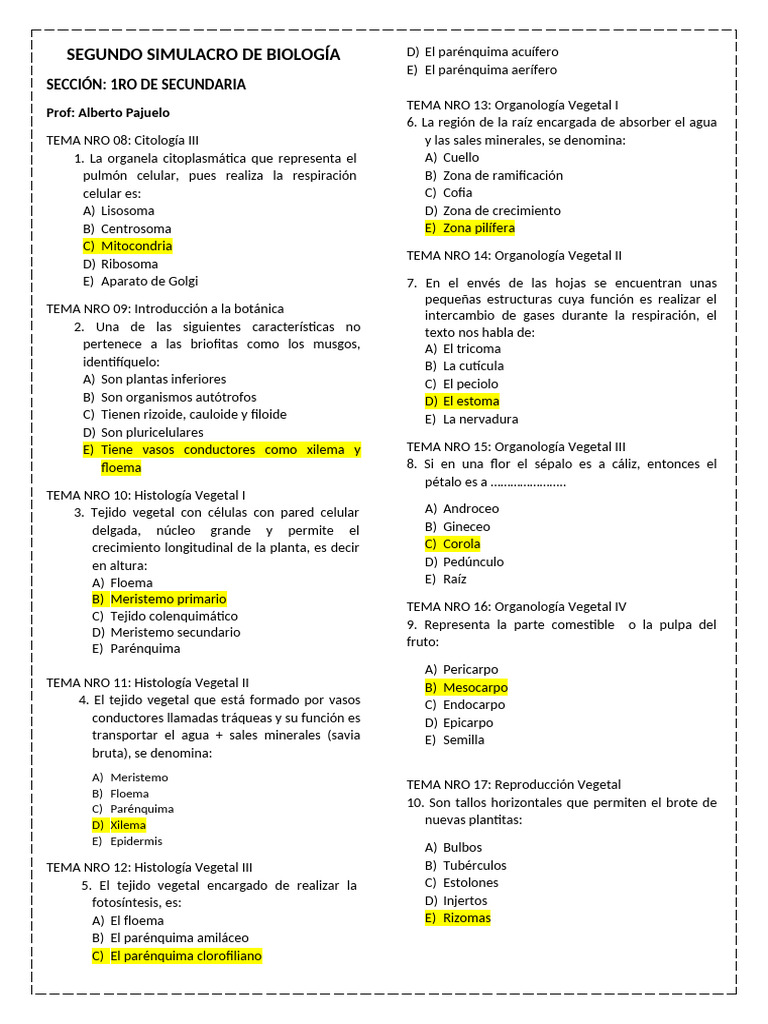 2do Simulacro de Biologia Secundaria 2024 | PDF