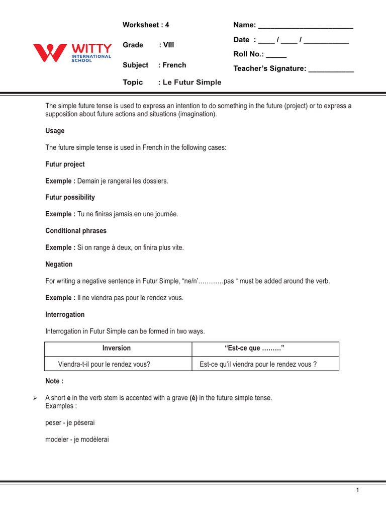 Futur Simple: Conjugaison et Exercices | PDF | Semantic Units ...