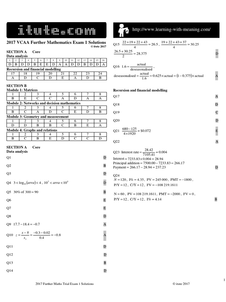 2017 VCAA Further Mathematics Exam 1 Solutions | PDF