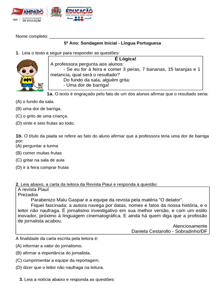 5º ano Sondagem LP 2022 | PDF