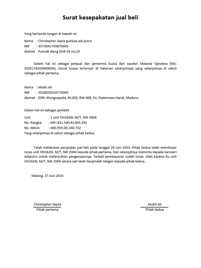 Surat Kesepakatan Jual Beli | PDF