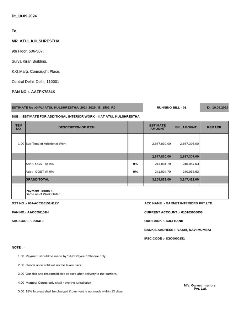 UT-000 DTD - 10.09.2024 - Running Bill - 01 For Additional Work at K ...