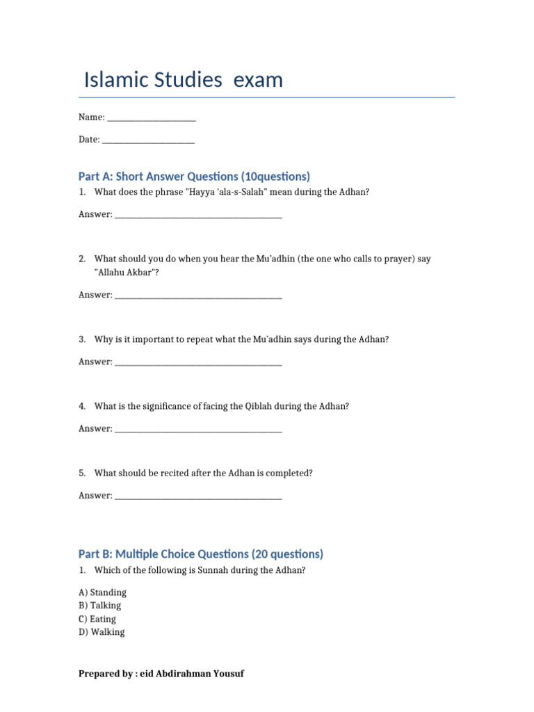 Grade 5 Islamic Studies Exam Adhan | PDF