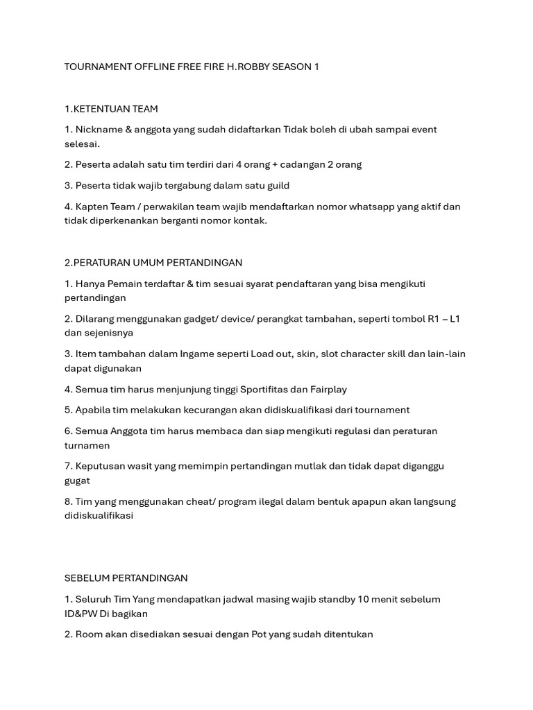 Rules Tournament Offline Free Fire H.robby Season 1 | PDF