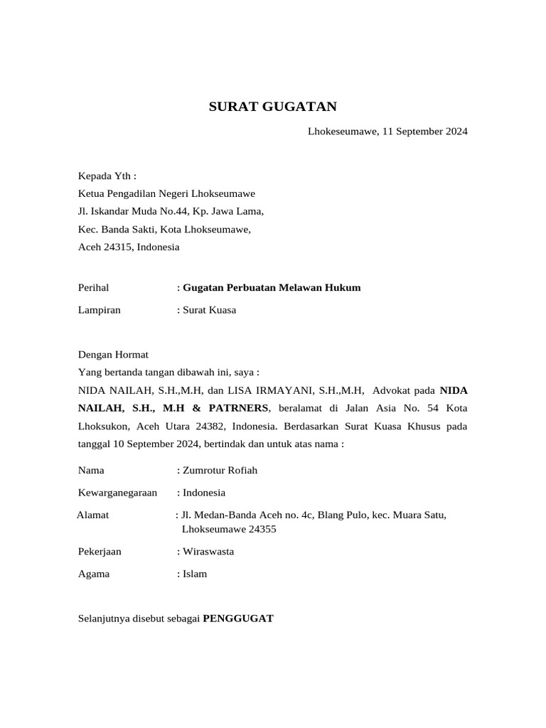 Surat Gugatan Perdata | PDF