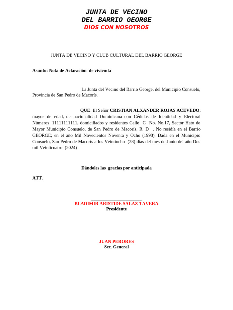 Junta de Vecino Cristian Rojas | PDF