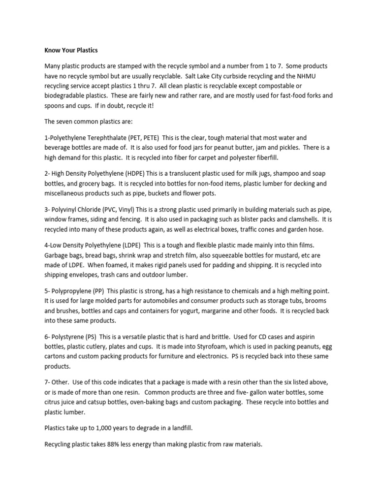 Know Your Plastics | PDF | Plastic | Cooking, Food & Wine