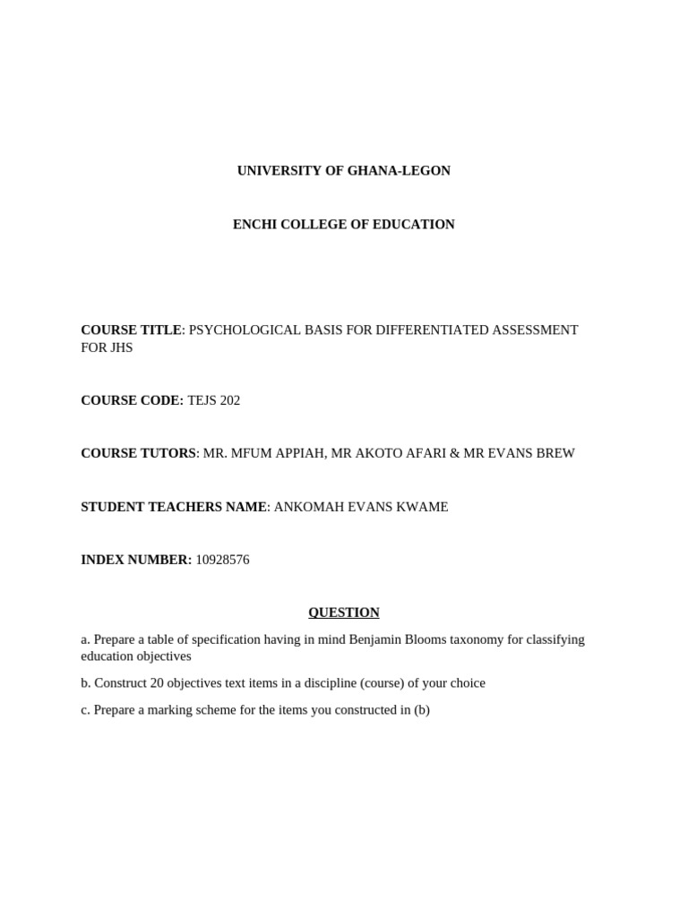 Table of Specification For JHS | PDF