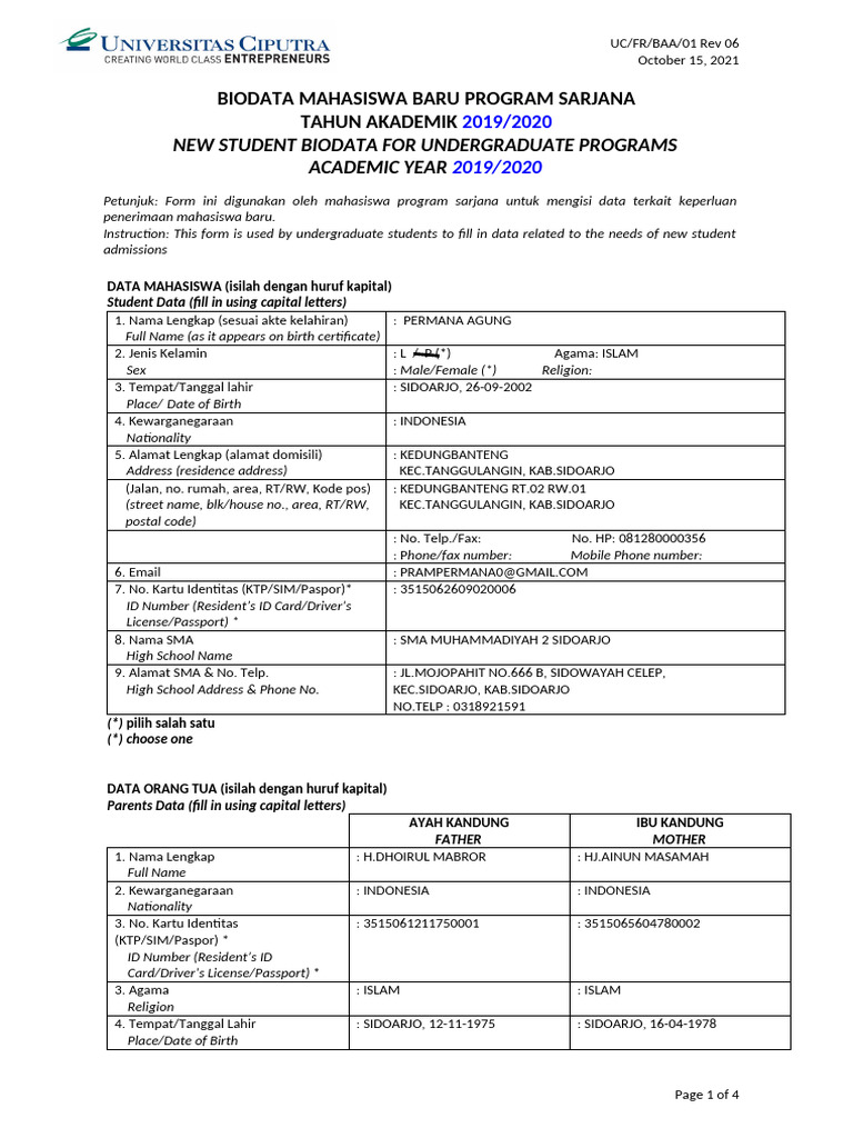 UC FR BAA 01 Rev 06 Form Biodata Mahasiswa Baru Program Sarjana | PDF