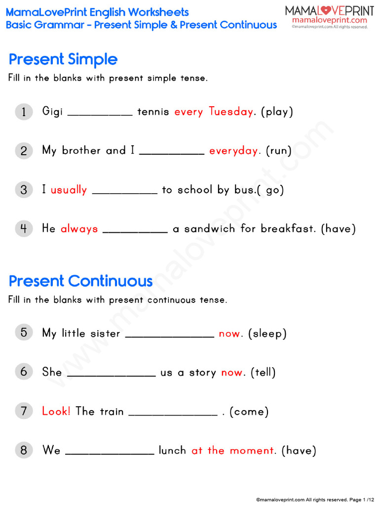 Mamaloveprint English Grammar Present Simple Continuous Tense Book | PDF