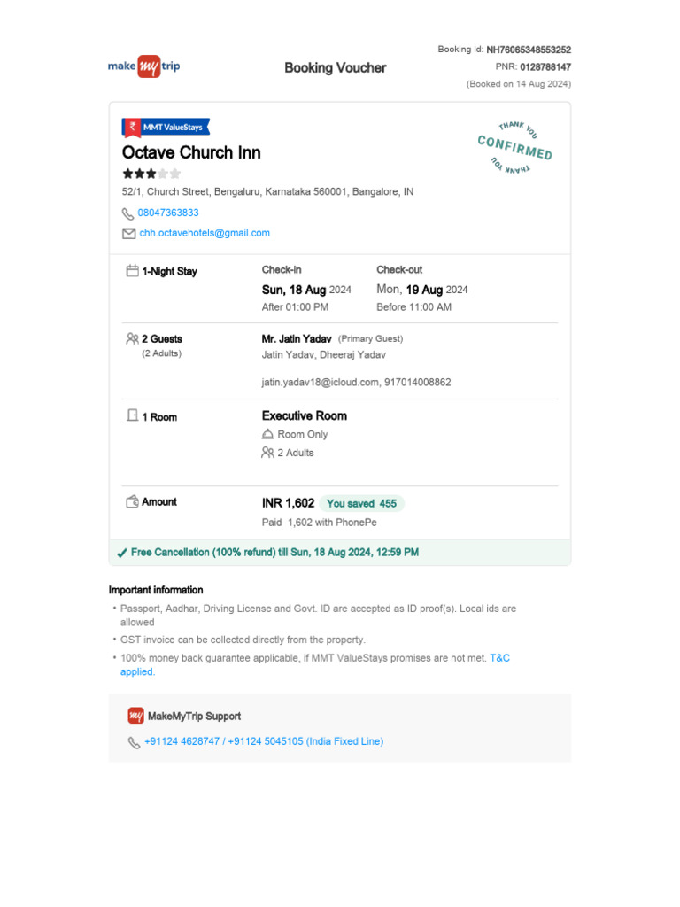 Octave Church Inn: Booking Voucher | PDF