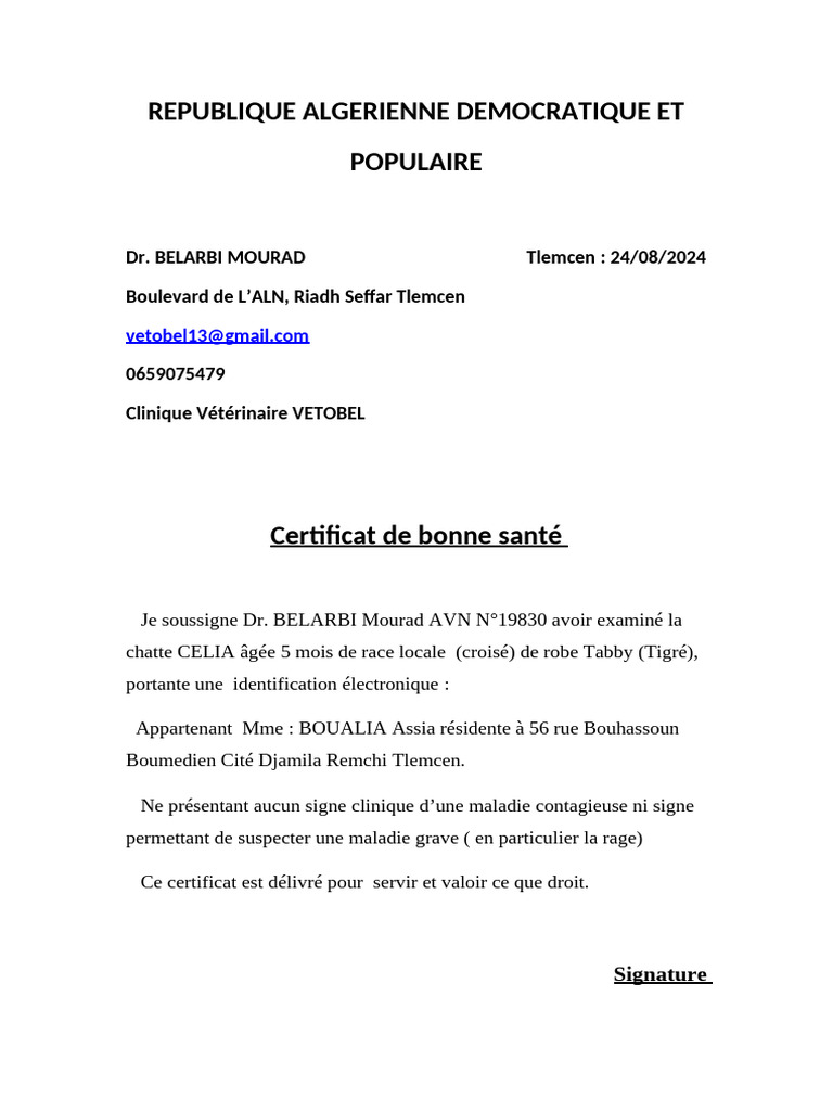 Certificat de Bonne Santé Assia | PDF