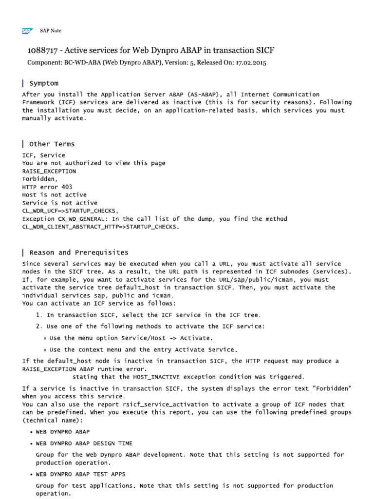 Active Services For Web Dynpro ABAP in Transaction SICF | PDF