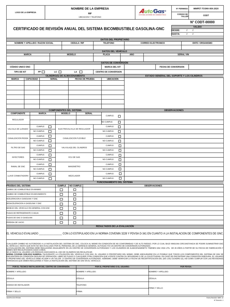 Sgcp-Cov-Fr-044. Certificado de Revision Anual Del Sistema GNC | PDF