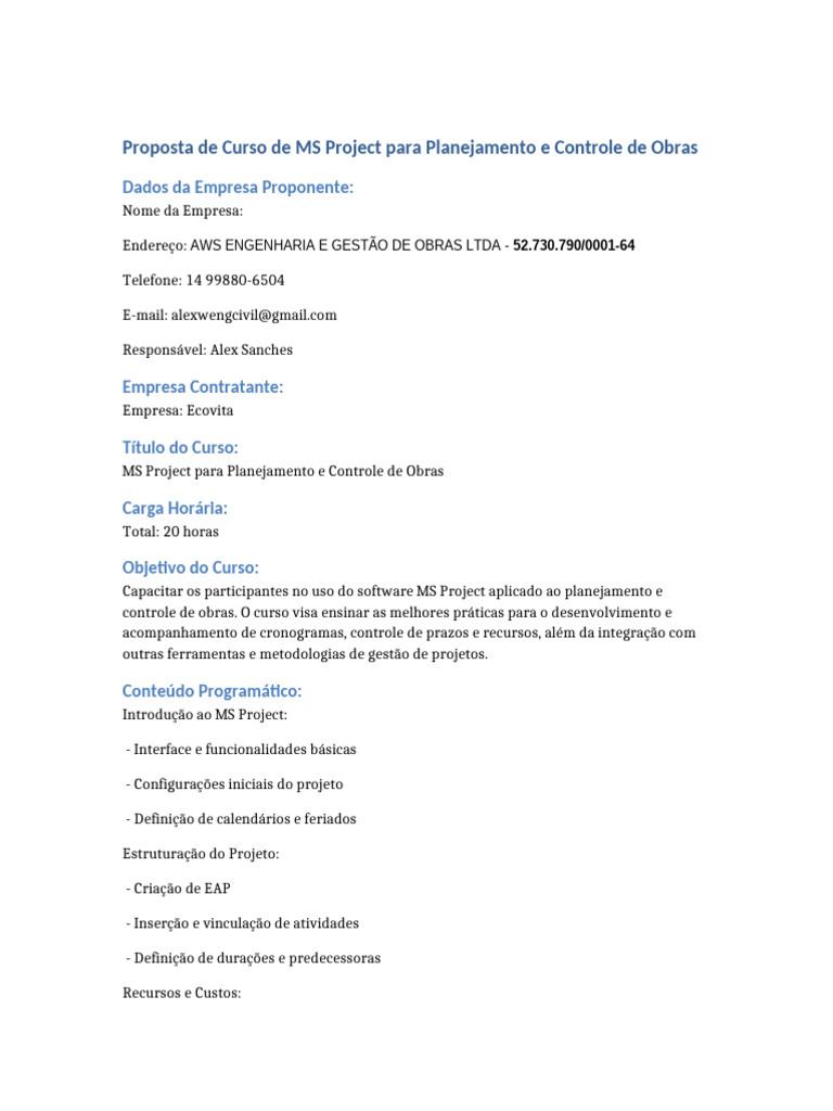 Proposta Curso MS Project Ecovita | PDF