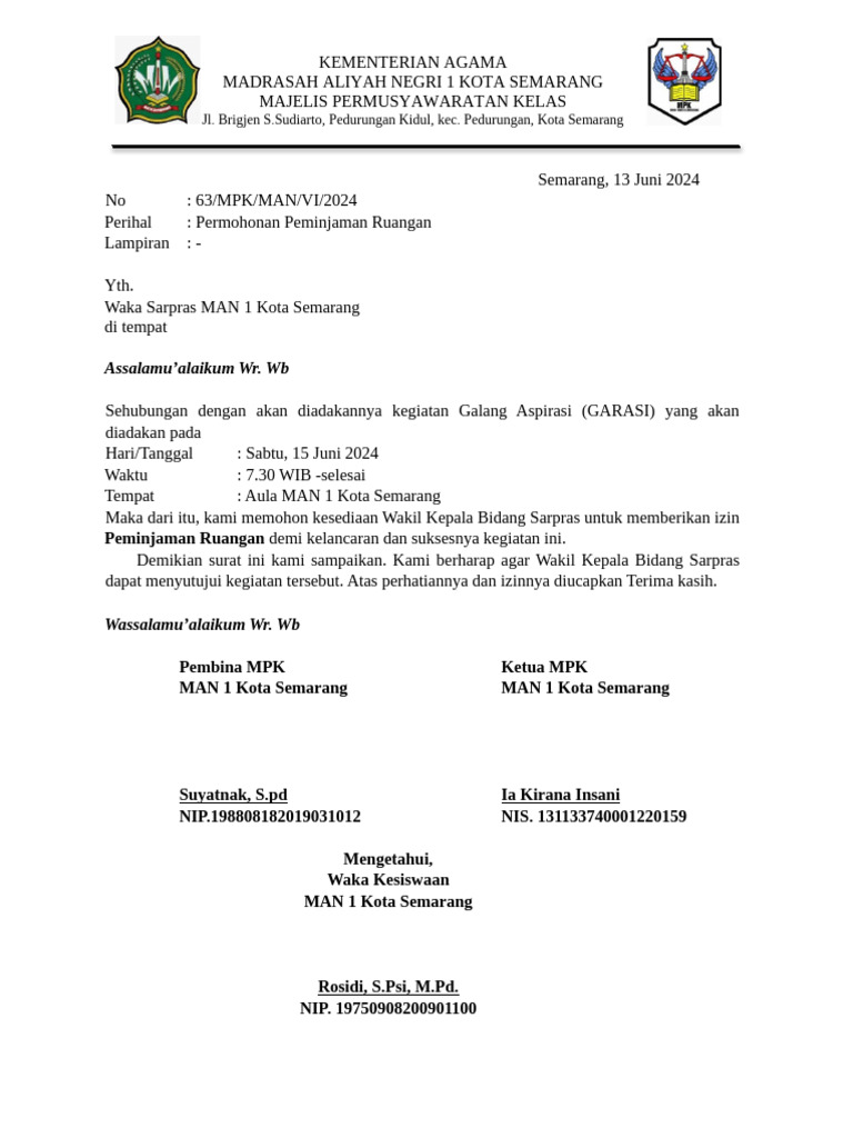 Template Contoh Surat Peminjaman Ruangan MPK | PDF
