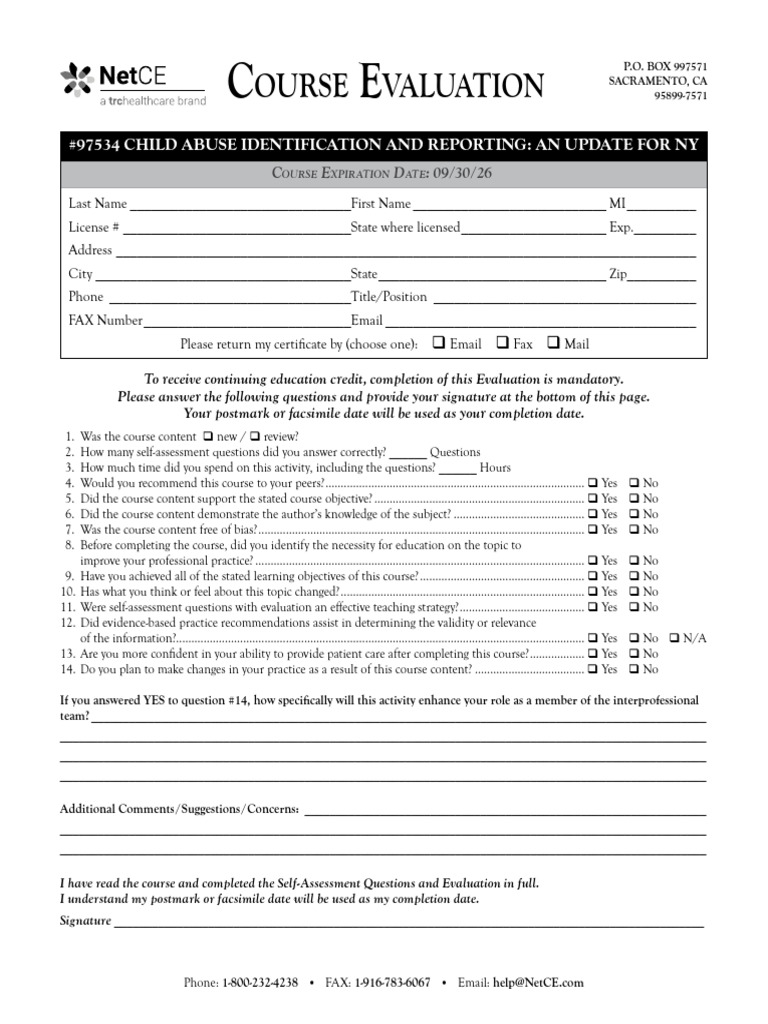 Course Evaluation for NetCE Credit | PDF | Fax | Career & Growth