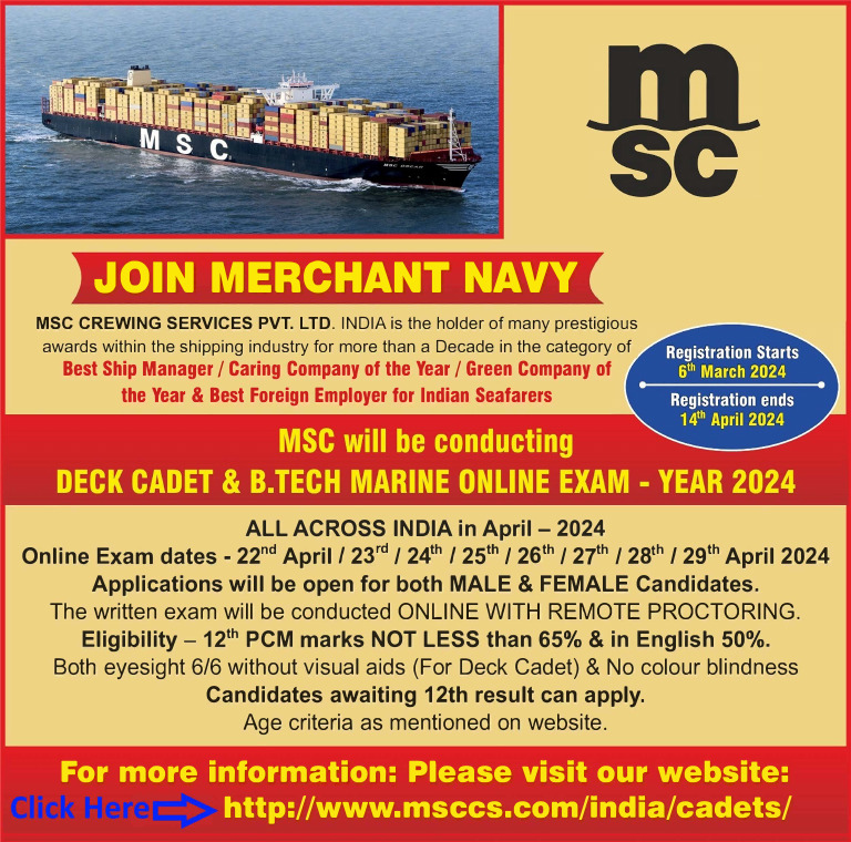 MSC-Deck Cadet & B. Tech Marine-Exam-2024 | PDF