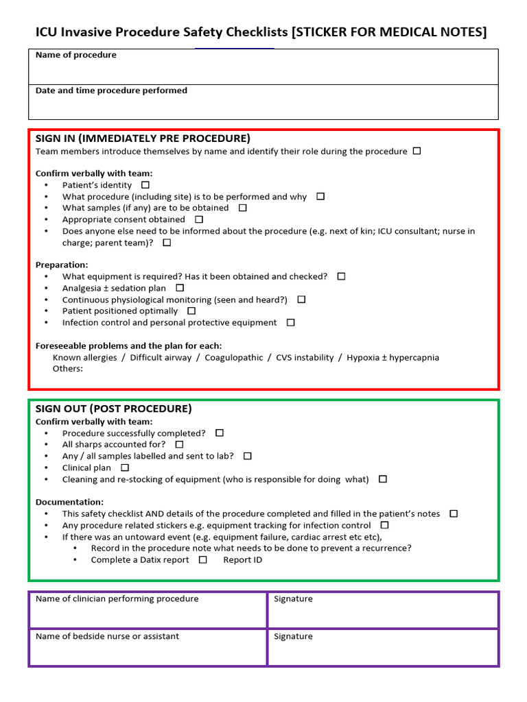 ICU Invasive Procedure Safety Checklists - Sticker | PDF