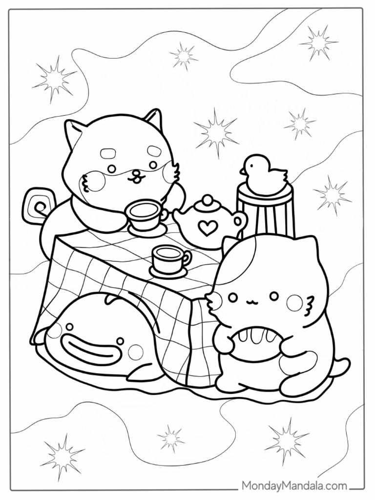 Kawaii Cats Eating Lunch To Color | PDF