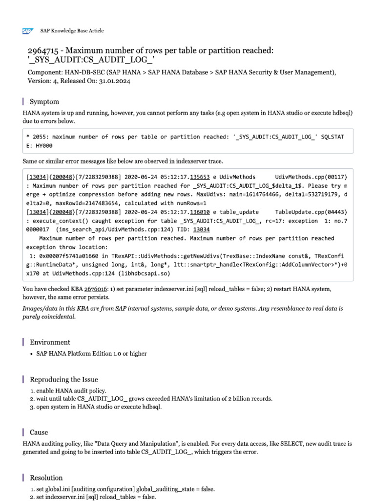 Maximum Number of Rows Per Table or Partition Reached - SYS - AUDIT CS - AUDIT - LOG | PDF