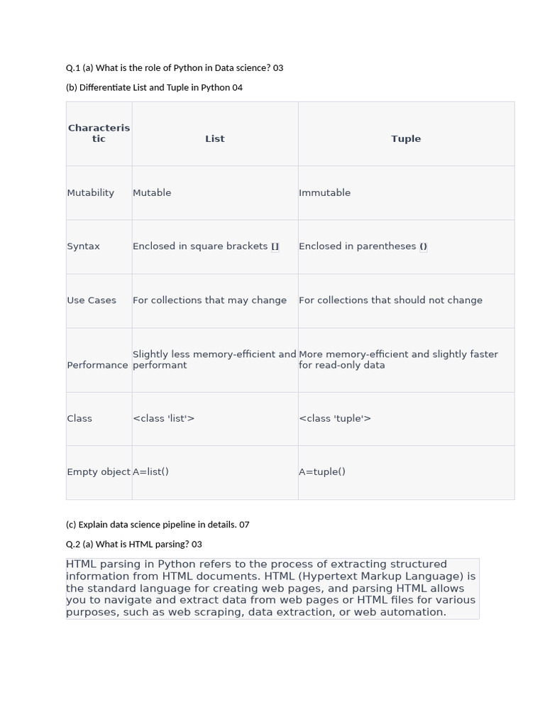 Q.1 (A) What Is The Role of Python in Data Science? 03 (B) Differentiate List and Tuple in ...