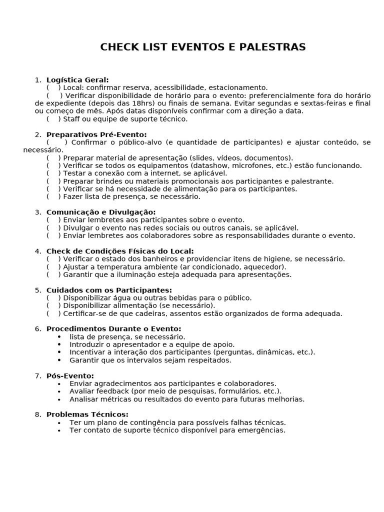 CHECK LIST EVENTOS E PALESTRAS | PDF