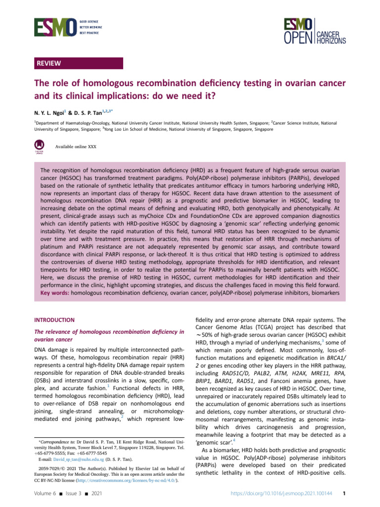 2021 - Role of HRD & HRR Test in Ovarian Ca - Clinical Implications | PDF