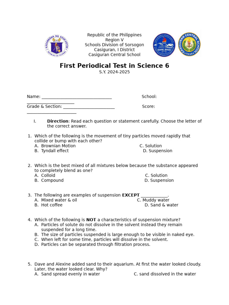 1st Periodical Test Science 6 2024-2025 | PDF