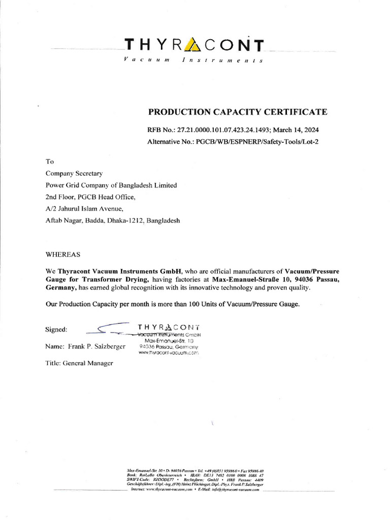 Production Capacity Certificate | PDF
