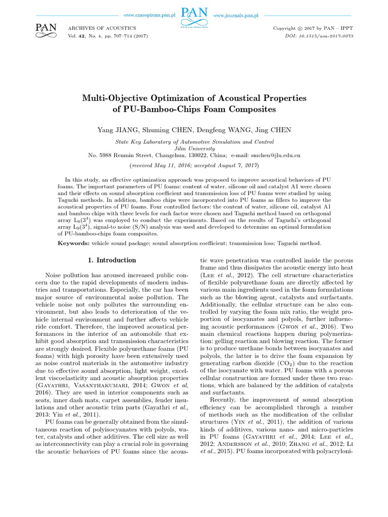Multi Objective Optimization Of Acoustical Properties Of Pu Bamboo Chips Foam Composites Pdf