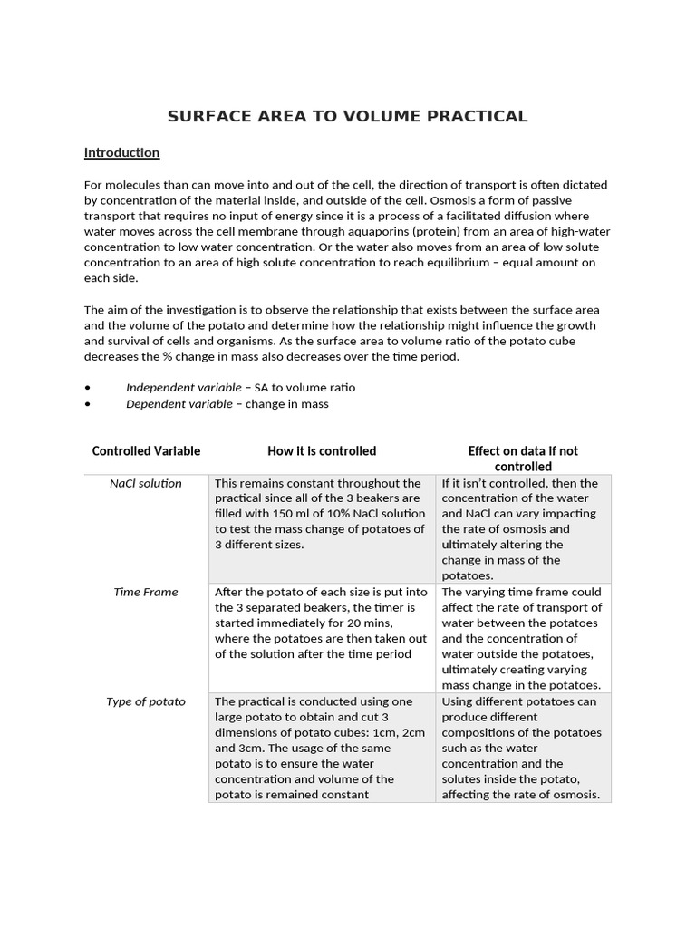 Potato Surface Area Prac Report Final | PDF | Osmosis