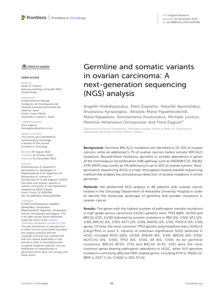 NGS With Germline and Somatic Variants in Ovarian Ca | PDF