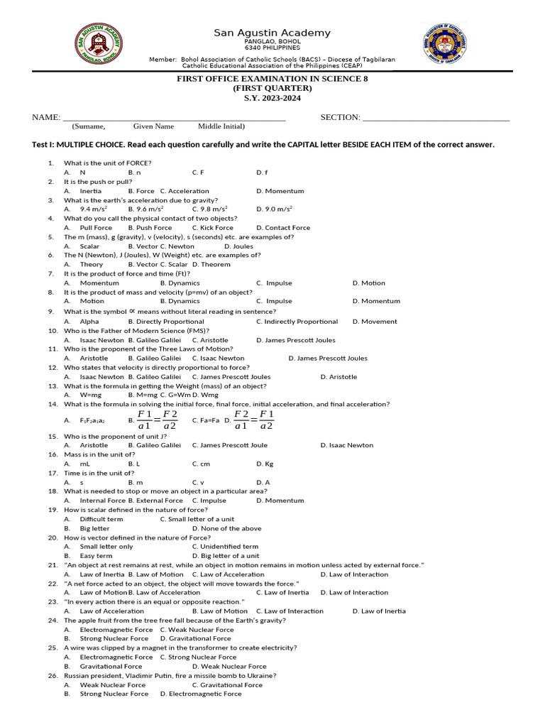G8 Foe First Quarter To Check | PDF | Force | Science & Mathematics