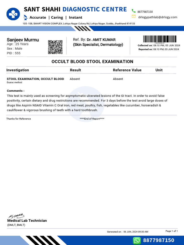 OCCULT BLOOD Test Report Format Example Sample Template Drlogy Lab ...