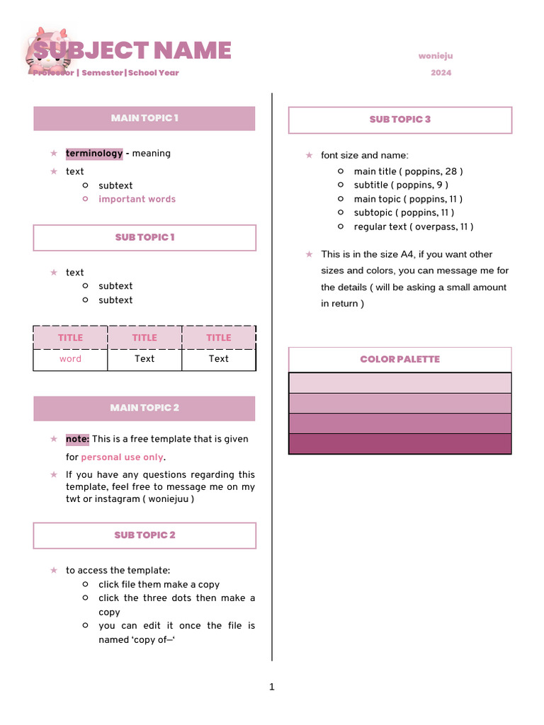 Wonieju Sanrio Pink Template [A4] | PDF