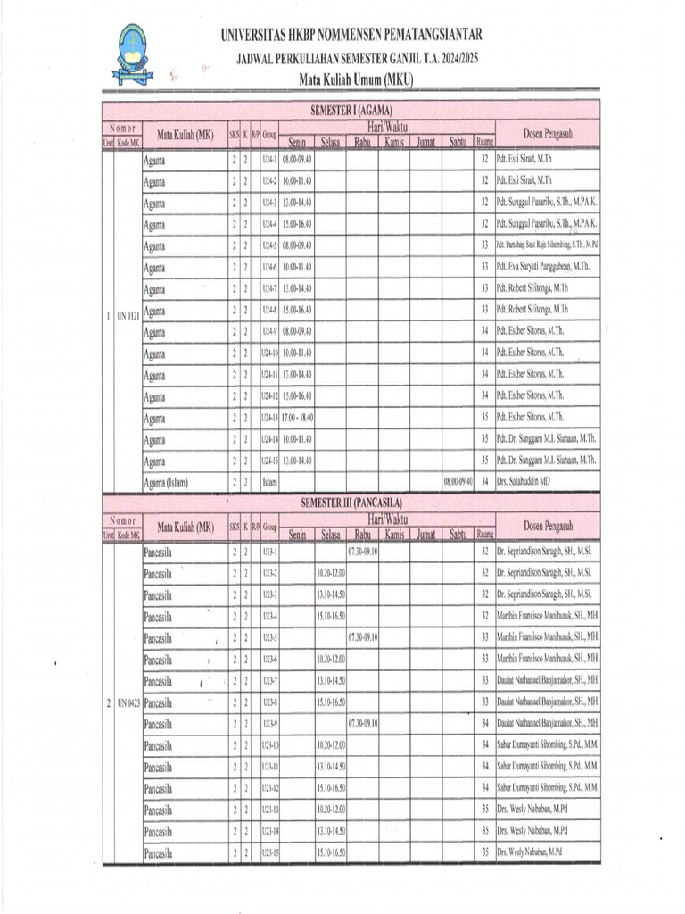 Jadwal Perkuliahan MKU Khusus Prodi Pengguna Kurikulum Baru | PDF