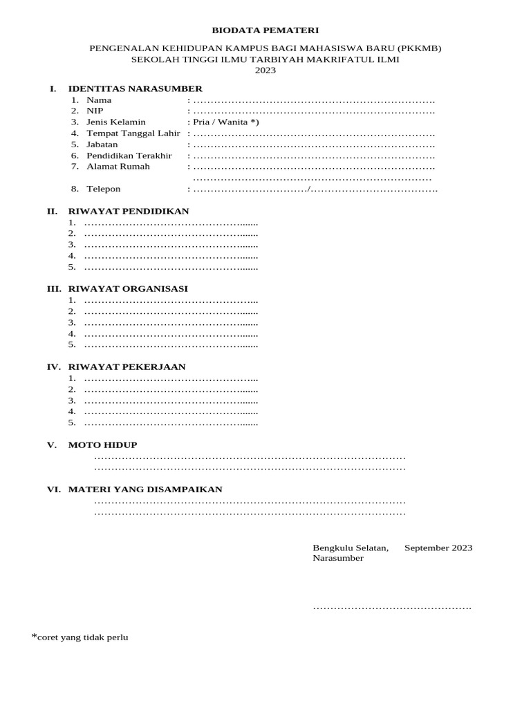 BIODATA PEMATERI pkkmb | PDF