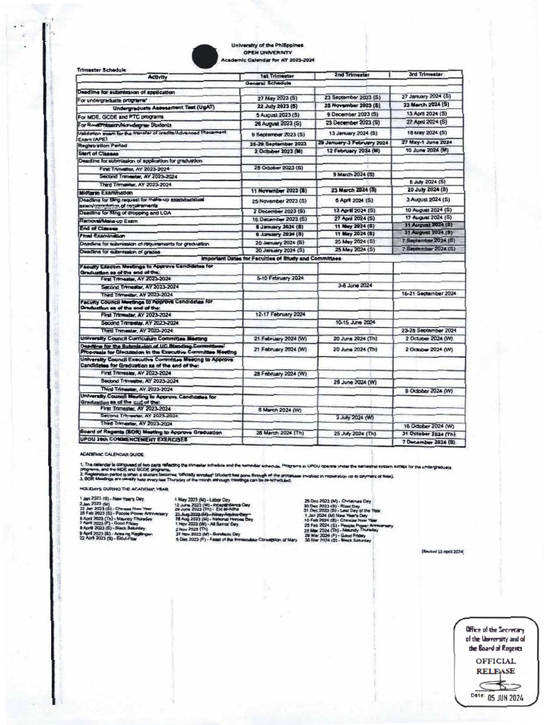 UPOU MODIFIED ACAD CALENDAR AY 2023 2024 Updated Trimester | PDF
