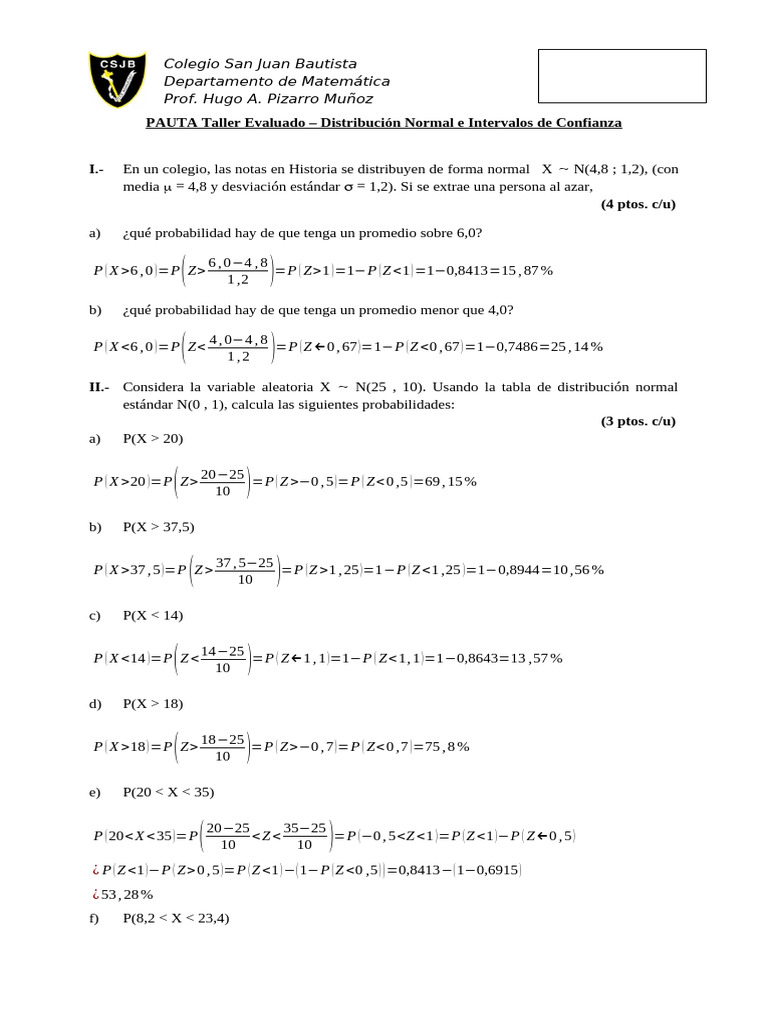 Taller Evaluado 4ų Medio (Distribuci¢n Normal) (V3) - pauta | PDF
