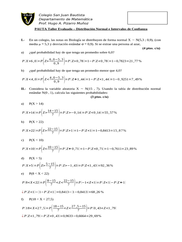 Taller Evaluado 4ų Medio (Distribuci N Normal) (V4) - Pauta | PDF